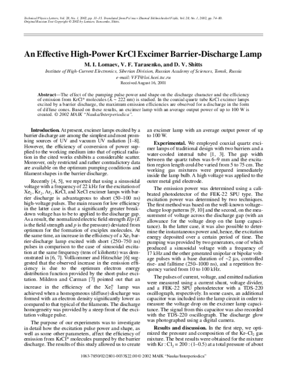 (PDF) An effective high-power KrCl excimer barrier-discharge lamp