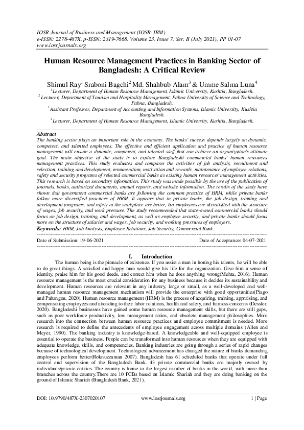 (PDF) Human Resource Management Practices in Banking Sector of Bangladesh: A Critical Review