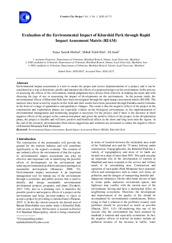 (PDF) Evaluation of the Environmental Impact of Khurshid Park through ...