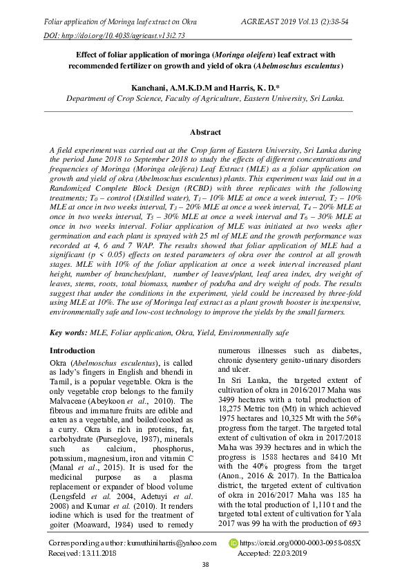 Pdf Effect Of Foliar Application Of Moringa Moringa Oleifera Leaf
