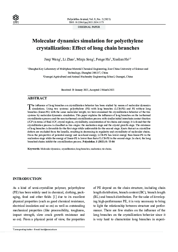 Pdf Molecular Dynamics Simulation For Polyethylene Crystallization Effect Of Long Chain Branches