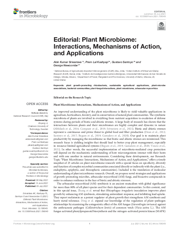 (PDF) Editorial: Plant Microbiome: Interactions, Mechanisms of Action, and Applications
