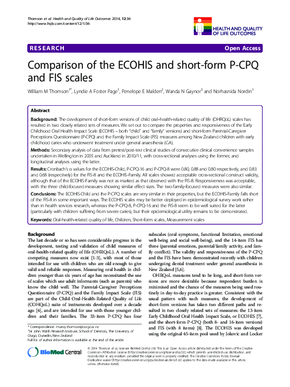 (PDF) Comparison of the ECOHIS and short-form P-CPQ and FIS scales