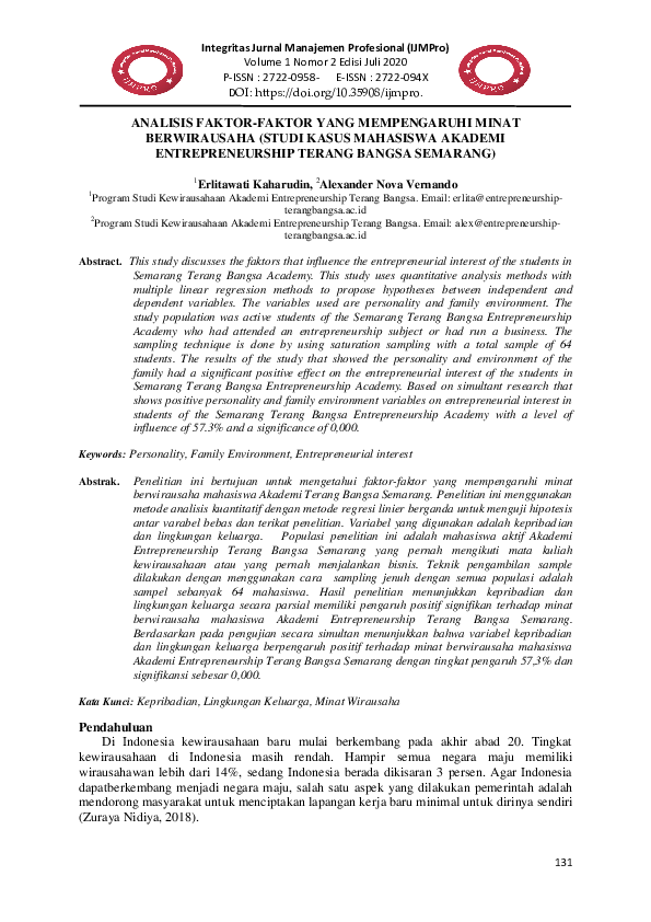 (PDF) Analisis Faktor-Faktor Yang Mempengaruhi Minat Berwirausaha (Studi Kasus Mahasiswa Akademi ...