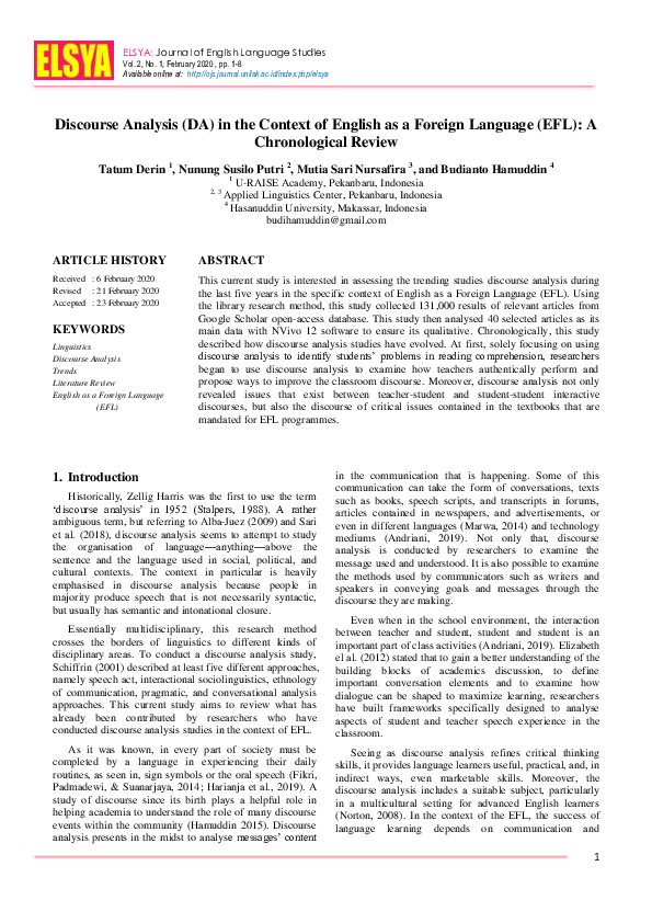 (PDF) Discourse Analysis (DA) in the Context of English as a Foreign ...