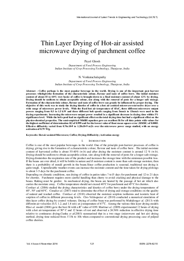 (PDF) Thin Layer Drying of Hot-air assisted microwave drying of parchment coffee