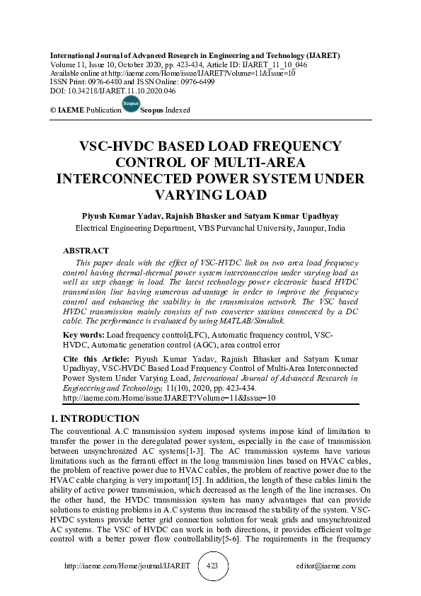 Pdf Vsc Hvdc Based Load Frequency Control Of Multi Area Interconnected Power System Under