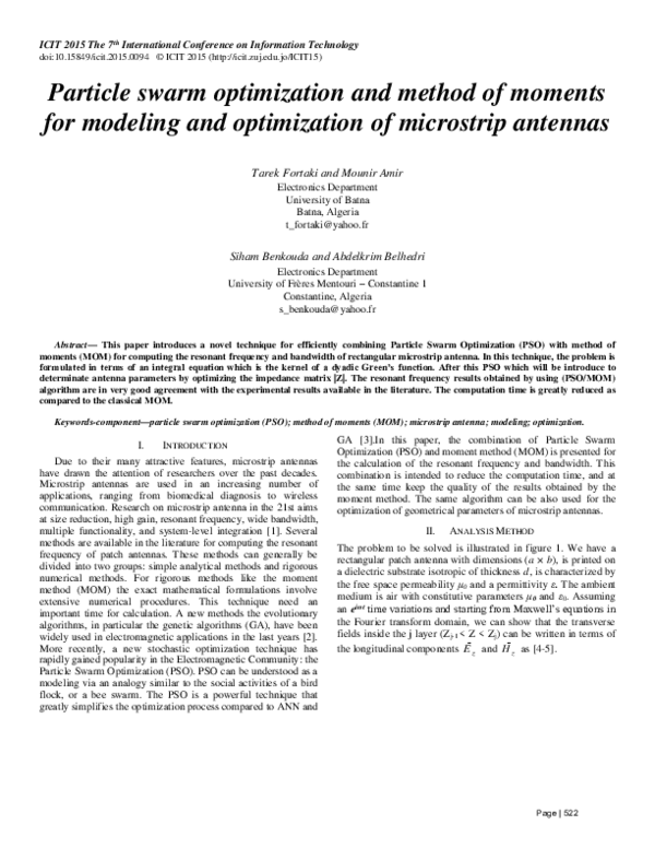 Pdf Particle Swarm Optimization And Method Of Moments For Modeling And Optimization Of