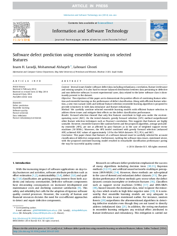 Pdf Software Defect Prediction Using Ensemble Learning On Selected Features 5190