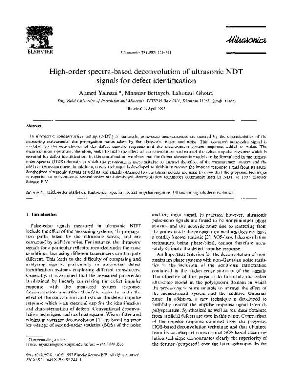 Pdf High Order Spectra Based Deconvolution Of Ultrasonic Ndt Signals For Defect Identification