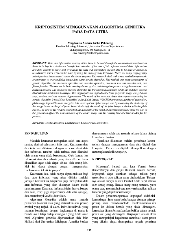 Pdf Kriptosistem Menggunakan Algoritma Genetika Pada Data Citra