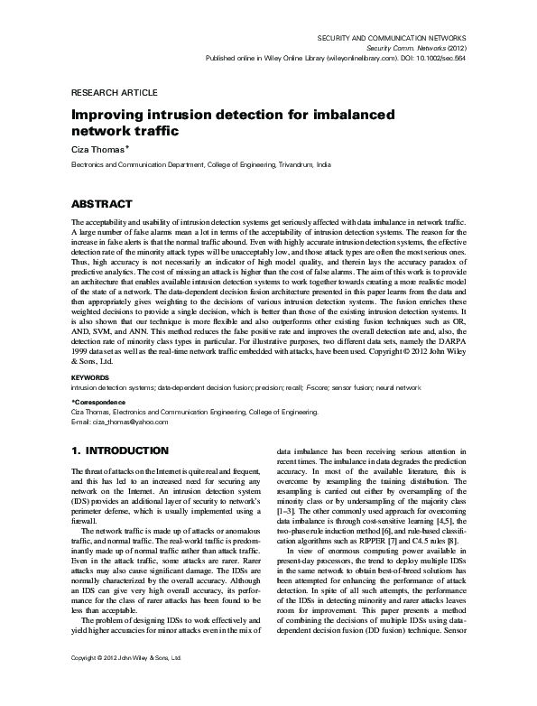 (PDF) Improving intrusion detection for imbalanced network traffic