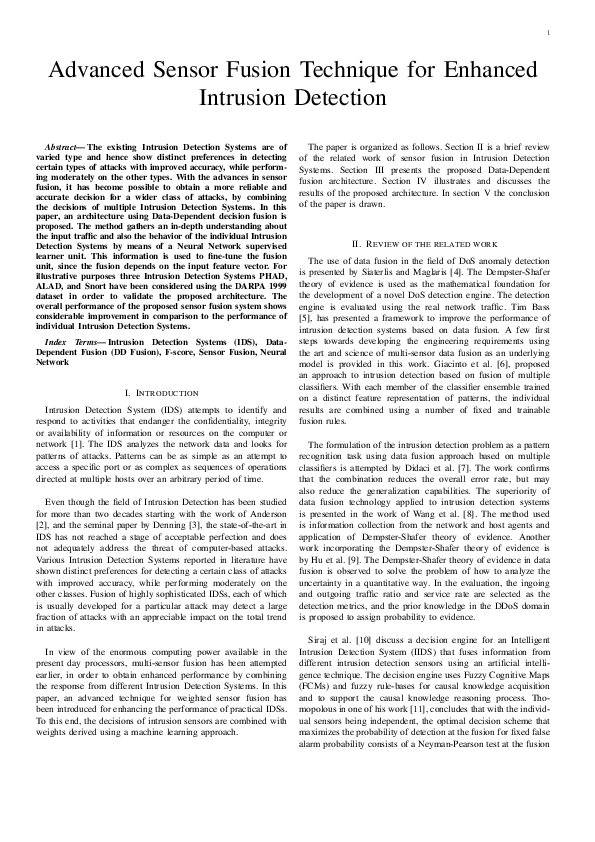Pdf Advanced Sensor Fusion Technique For Enhanced Intrusion Detection 
