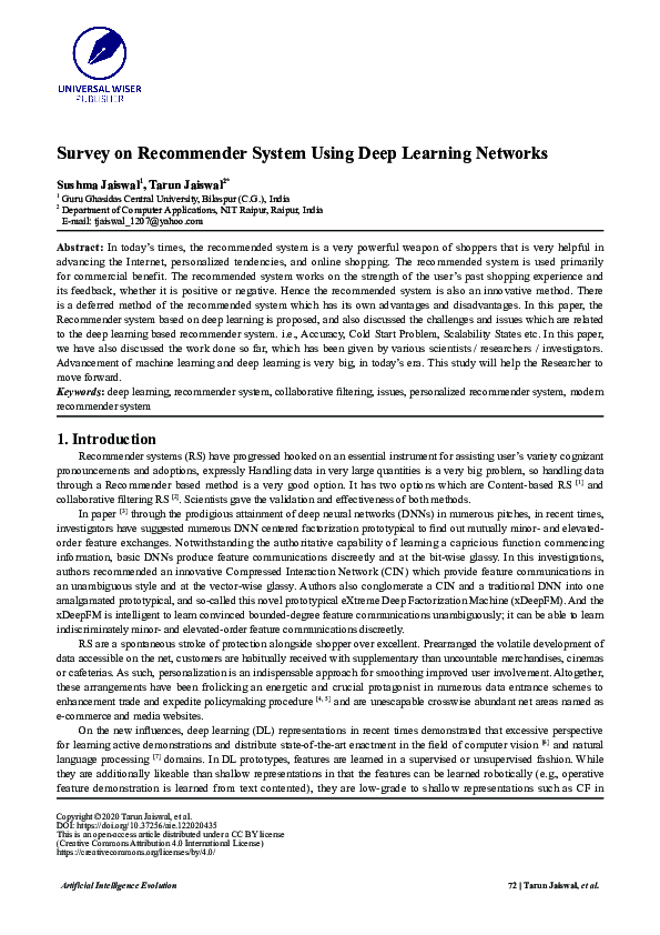 (PDF) Survey on Recommender System Using Deep Learning Networks