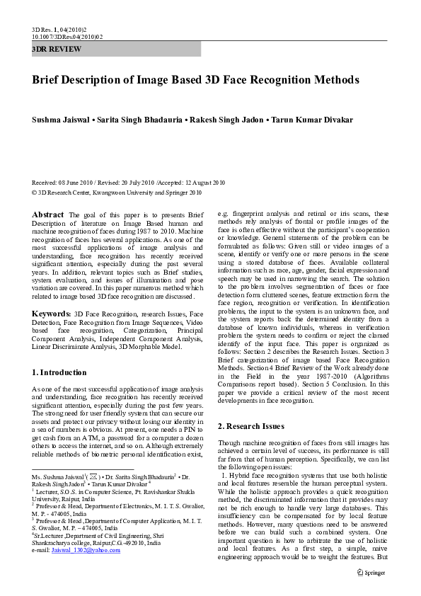 (PDF) Brief description of image based 3D face recognition methods