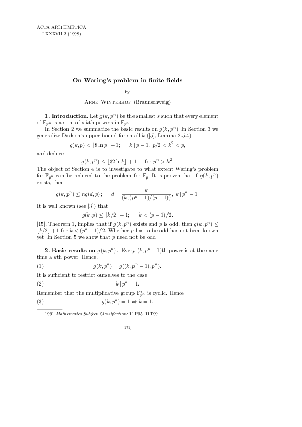 (PDF) On Waring's problem in finite fields