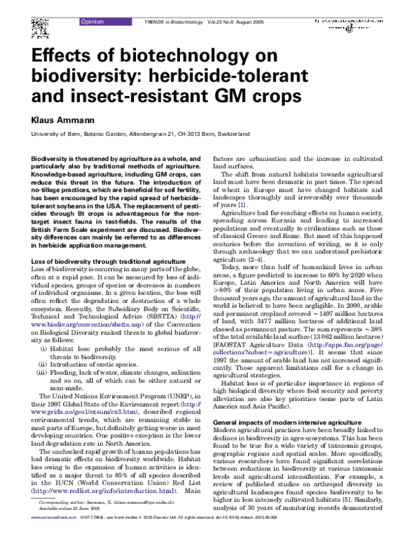 (PDF) Effects of biotechnology on biodiversity: herbicide-tolerant and ...