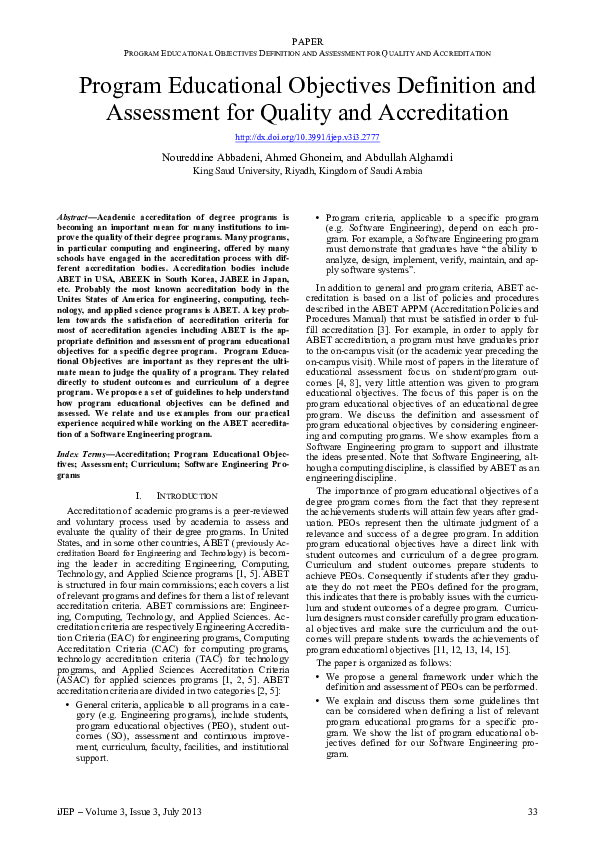 (PDF) Program Educational Objectives Definition and Assessment for ...