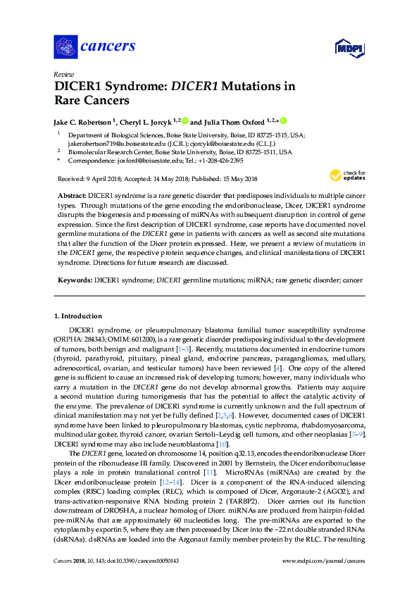 (PDF) DICER1 Syndrome: DICER1 Mutations in Rare Cancers