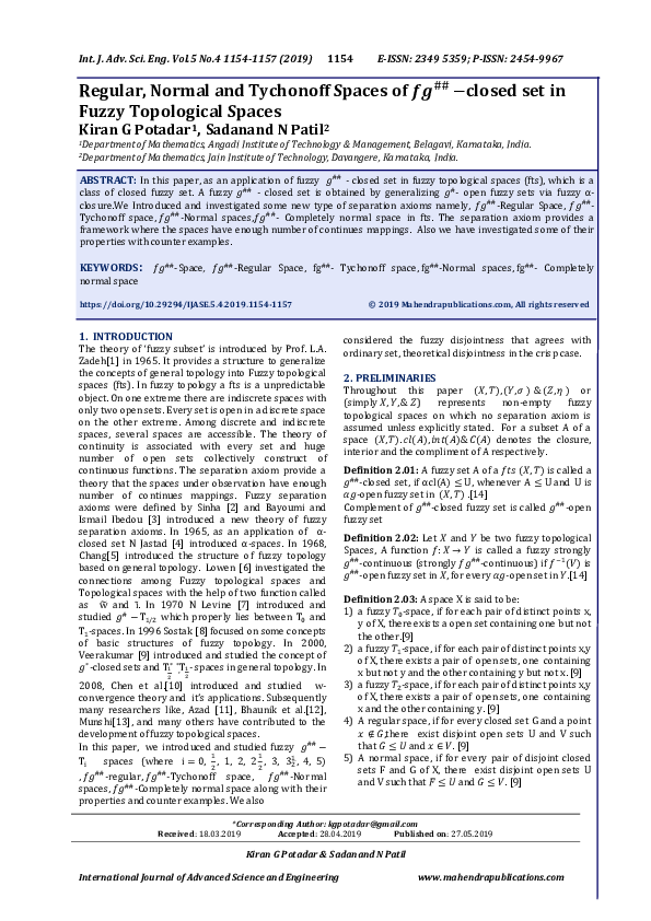 (PDF) Regular, Normal and Tychonoff Spaces of fg## −closed set in Fuzzy ...