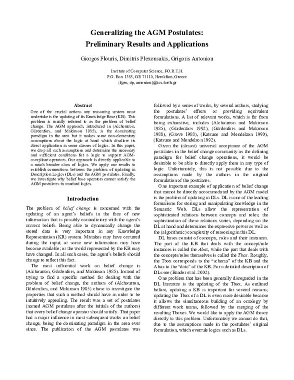 (PDF) Generalizing the AGM postulates: preliminary results and applications