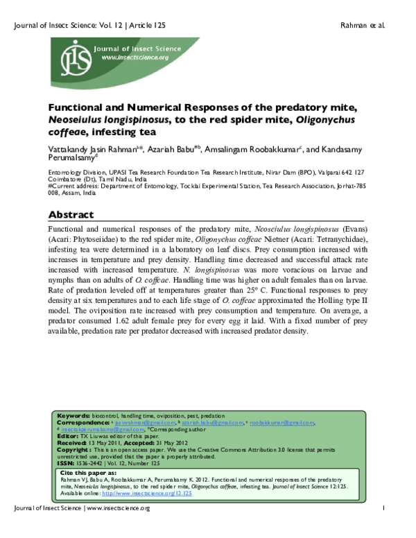 (PDF) Functional and Numerical Responses of the Predatory Mite ...