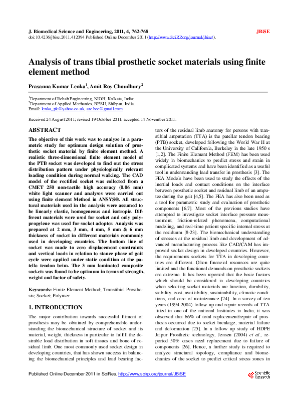 Pdf Analysis Of Trans Tibial Prosthetic Socket Materials Using Finite Element Method