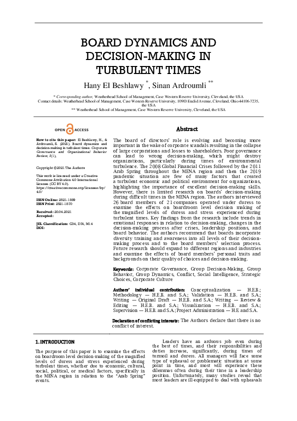 (PDF) BOARD DYNAMICS AND DECISION-MAKING IN TURBULENT TIMES