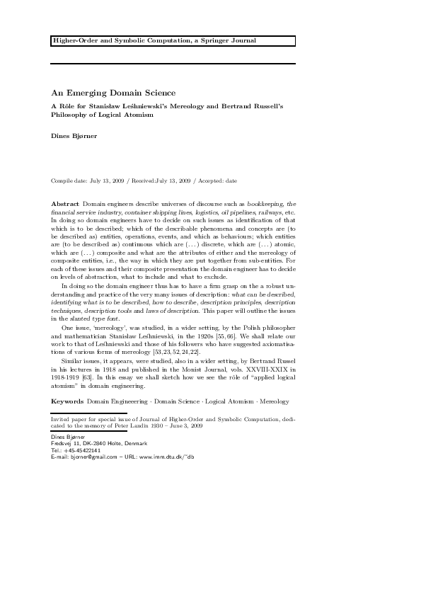 (PDF) A Role for Stanis law Leshniewski's Mereology and Bertrand ...