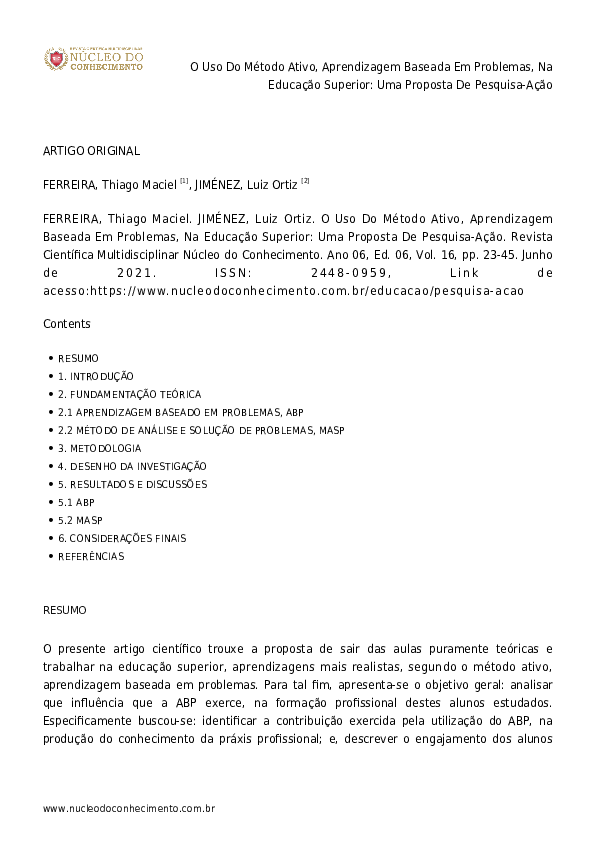 (PDF) O Uso Do Método Ativo, Aprendizagem Baseada Em Problemas, Na ...