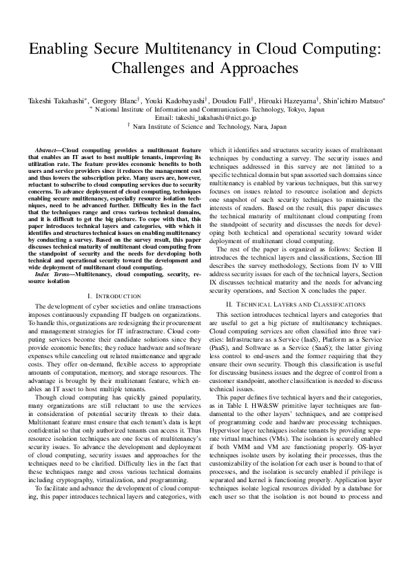 (PDF) Enabling Secure Multitenancy in Cloud Computing: Challenges and Approaches