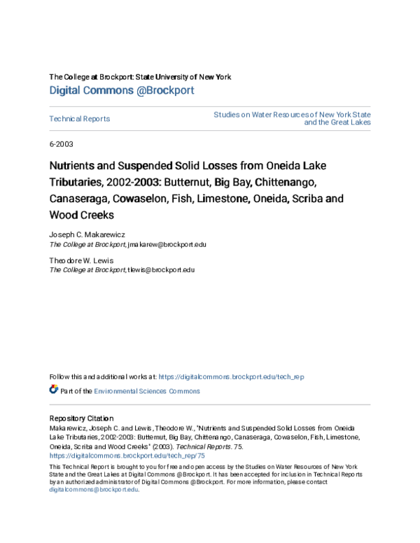 (PDF) Nutrients and Suspended Solid Losses from Oneida Lake Tributaries ...