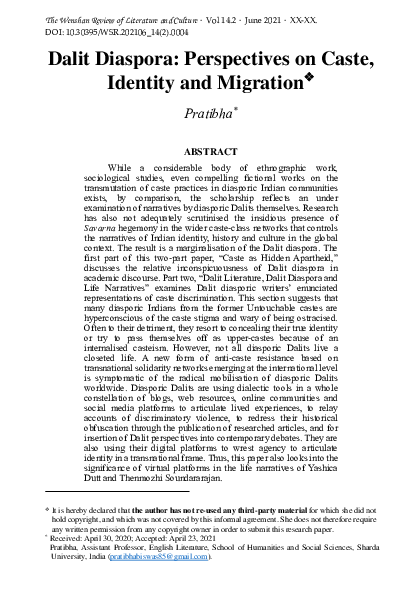 (PDF) Dalit Diaspora: Perspectives on Caste, Identity and Migration