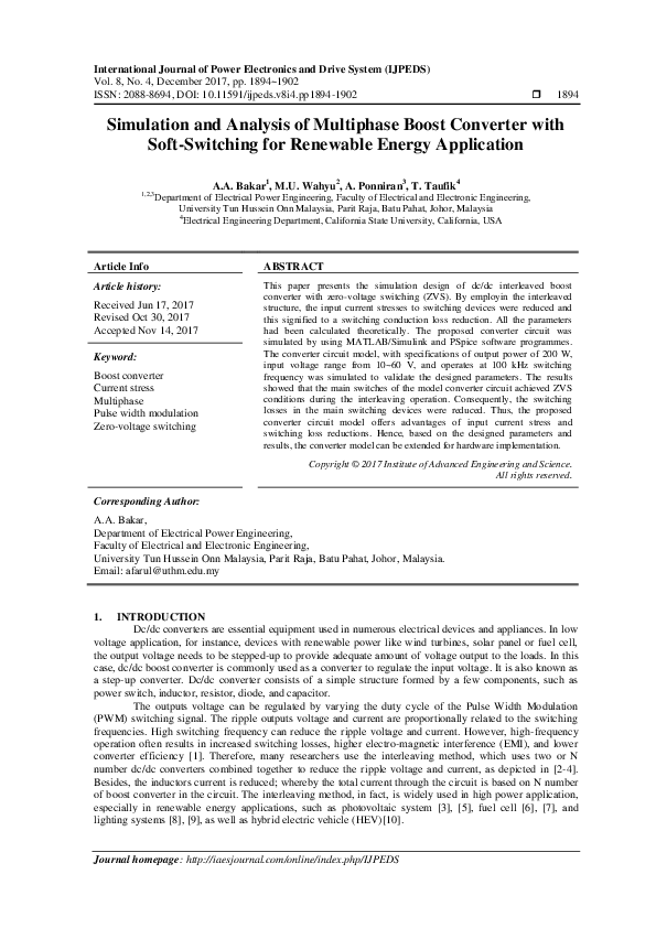 Pdf Simulation And Analysis Of Multiphase Boost Converter With Soft Switching For Renewable