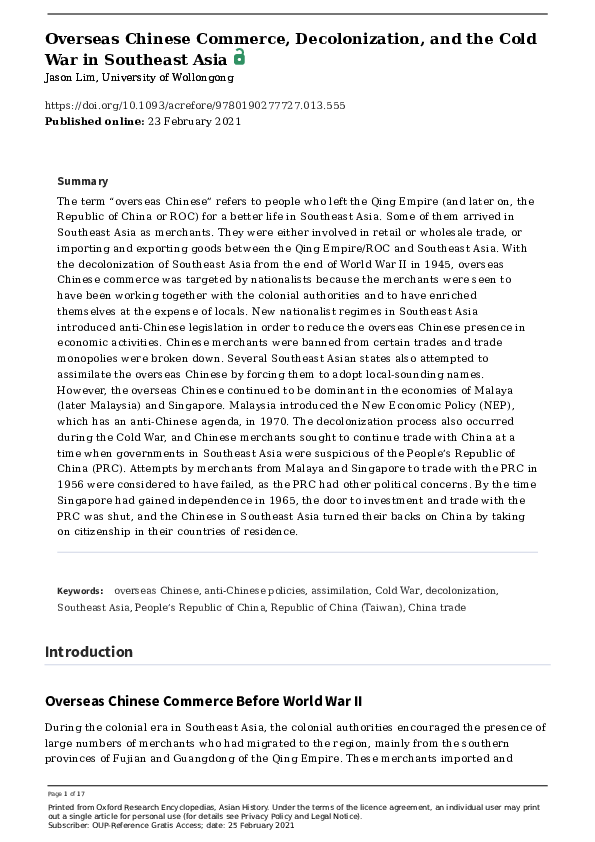 (PDF) Overseas Chinese Commerce, Decolonization, and the Cold War in ...