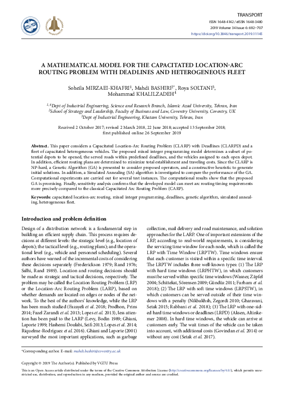 Pdf A Mathematical Model For The Capacitated Location Arc Routing
