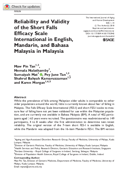 (PDF) Reliability and Validity of the Short Falls Efficacy Scale ...