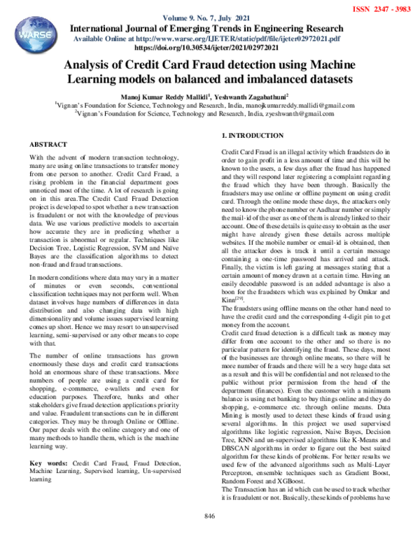 (PDF) Analysis of Credit Card Fraud detection using Machine Learning models on balanced and ...