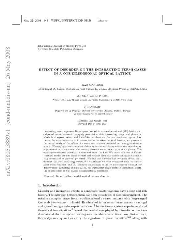 (PDF) Effect of Disorder on the Interacting Fermi Gases in a One-Dimensional Optical Lattice