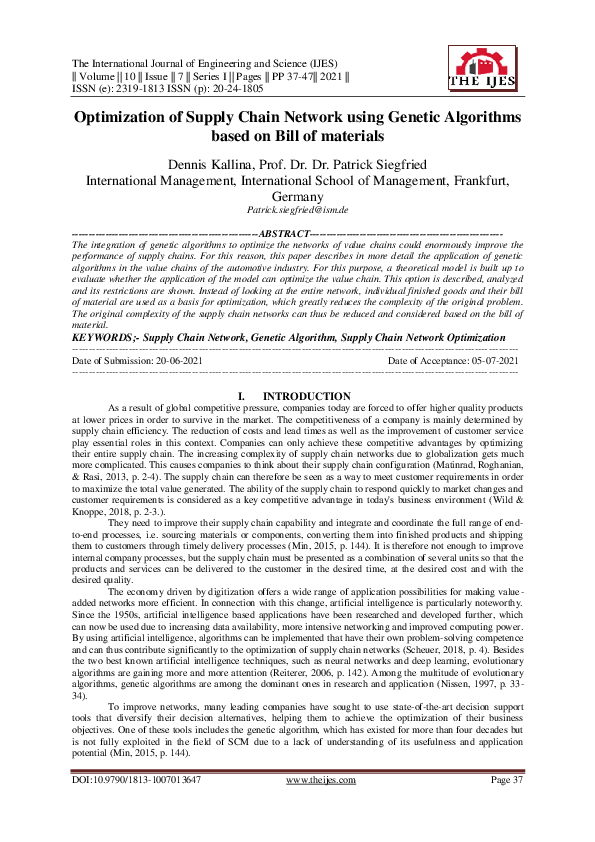(PDF) Optimization of Supply Chain Network using Genetic Algorithms based on Bill of materials