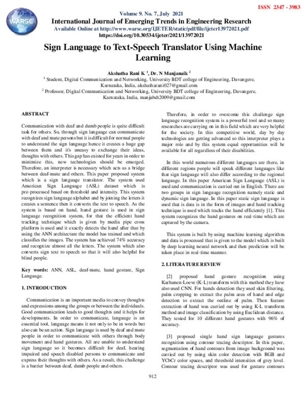 (PDF) Sign Language to Text-Speech Translator Using Machine Learning
