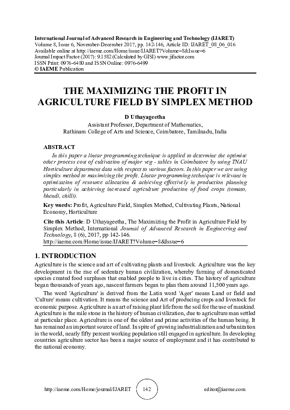 (PDF) THE MAXIMIZING THE PROFIT IN AGRICULTURE FIELD BY SIMPLEX METHOD