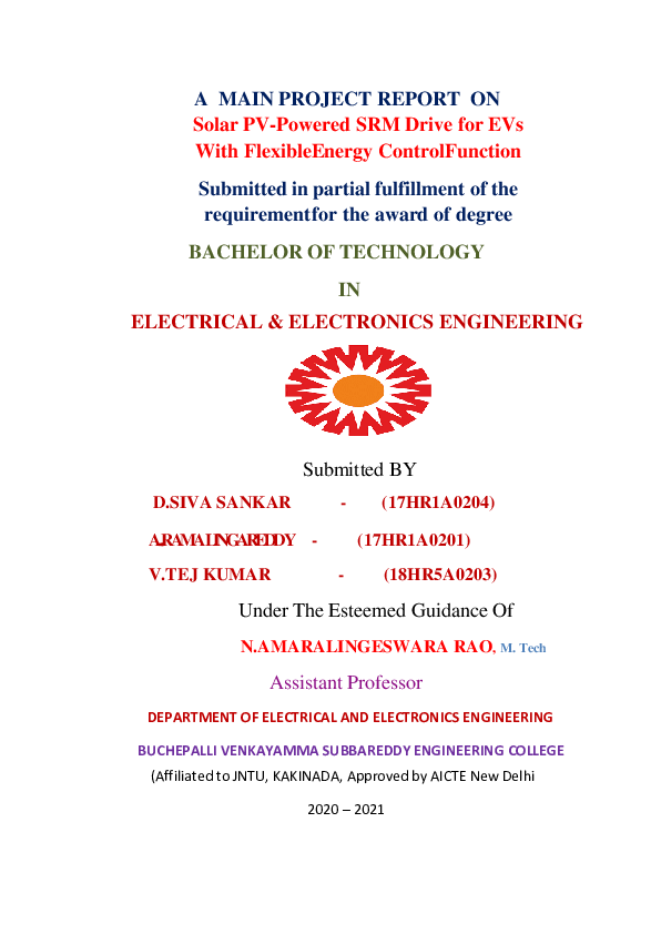 (PDF) A MAIN PROJECT REPORT ON Solar PV-Powered SRM Drive for EVs With ...