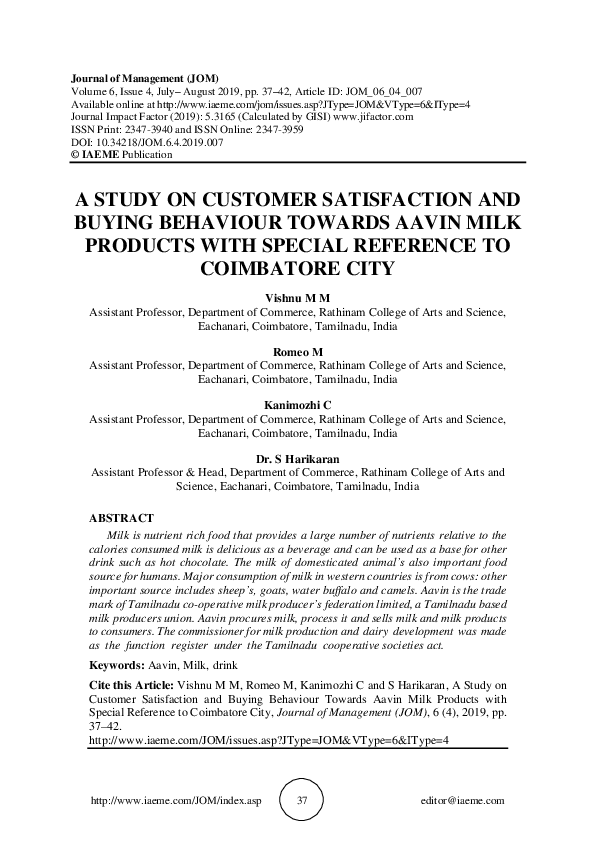 (PDF) A STUDY ON CUSTOMER SATISFACTION AND BUYING BEHAVIOUR TOWARDS ...