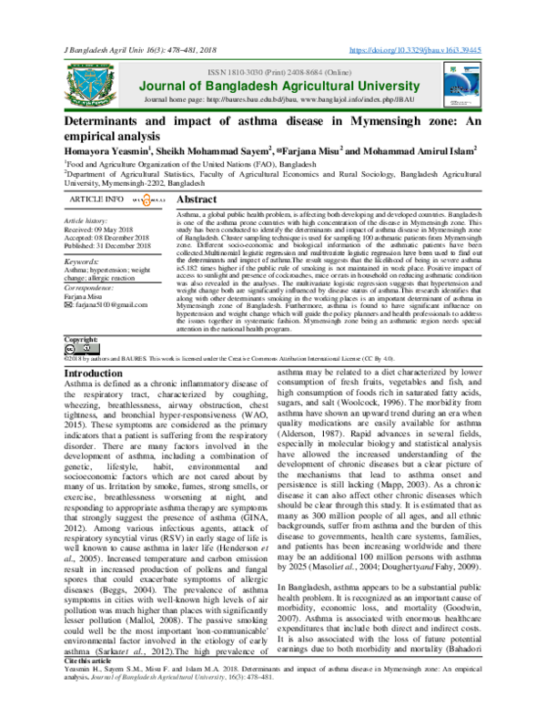(PDF) Determinants and impact of asthma disease in Mymensingh zone: An empirical analysis