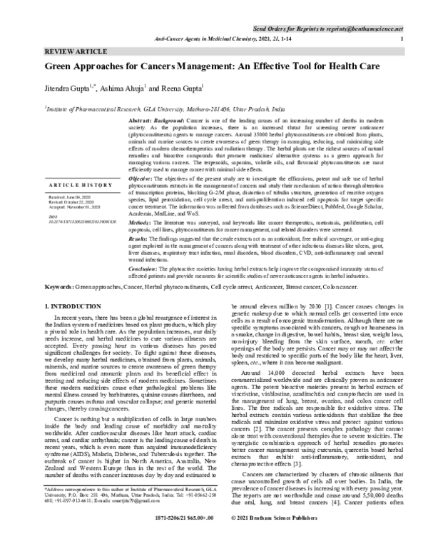 (PDF) Green Approaches for Cancers Management: An Effective Tool for ...