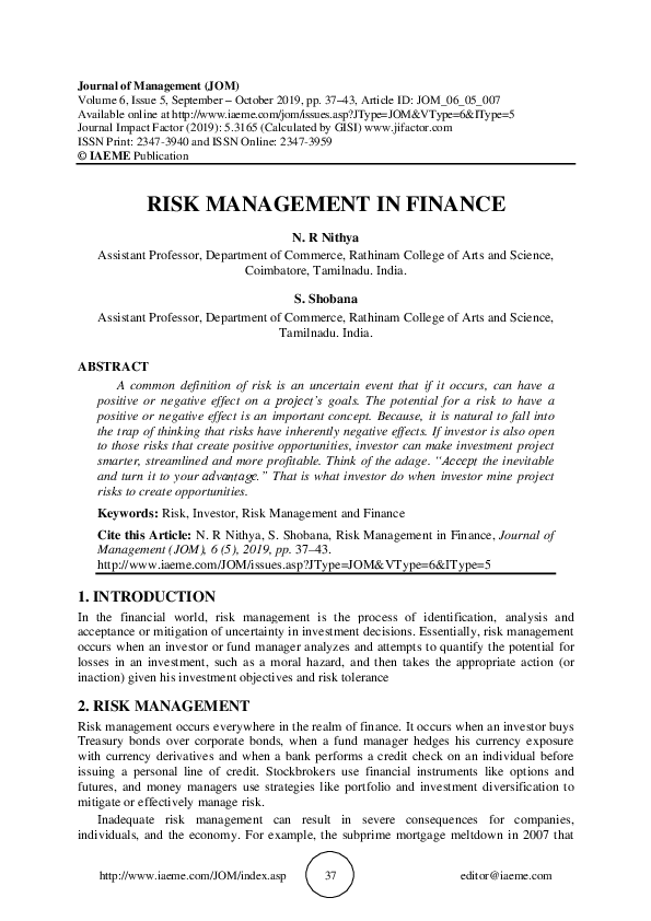(PDF) RISK MANAGEMENT IN FINANCE | IAEME Publication - Academia.edu