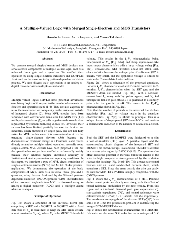 (PDF) A multiple-valued logic with merged single-electron and MOS transistors
