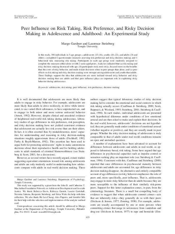 (PDF) Peer influence on risk taking, risk preference, and risky ...