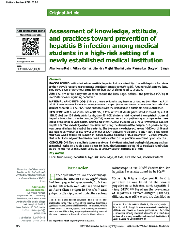 (PDF) Assessment of knowledge, attitude, and practices toward prevention of hepatitis B ...